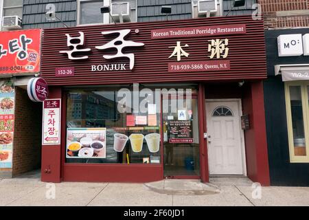 The exterior of BONJUK, a Korean restaurant in Flushing, Queens ...