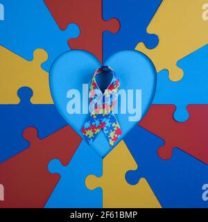 Autism Awareness Day, World Autism Day, frame with puzzle pieces and ...