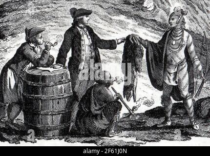North American Traders and Native Americans; Circa 1777; Black and ...