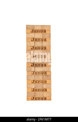 Tower of Jenga brand wooden blocks, Concord, California, September 21 ...