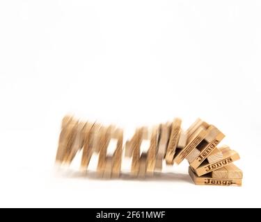 Tower of Jenga brand wooden blocks, Concord, California, September 21 ...