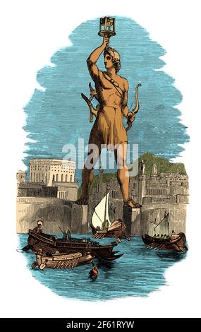 Seven Wonders of the Ancient World. The Colossus of Rhodes. Engraving ...