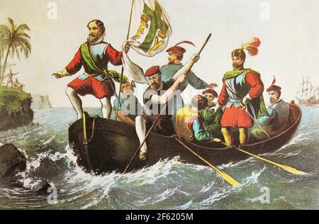 Discovery of America, landing by Christopher Columbus in the first ...