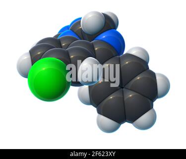 Alprazolam. Molecular model of the sedative drug alprazolam (C17.H13.Cl ...