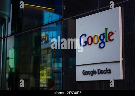 A picture of the Google logo and sign at the Google Docks in Dublin ...