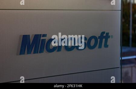 A picture of the Microsoft logo outside a building, in Dublin Stock ...