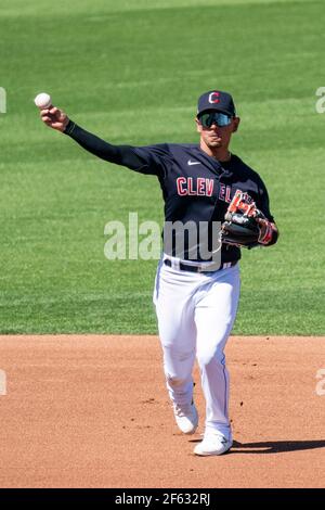 Cleveland Indians shortstop Andres Gimenez (0) dives into second base ...