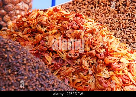 Various spices and seasoning at traditional street market in Hanoi ...