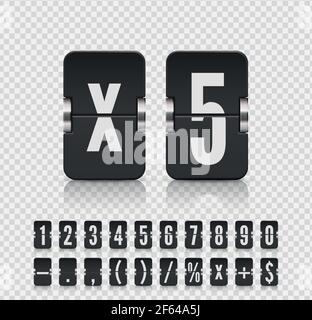 Flip number and symbol scoreboard with reflections on transparent background. Analog black ...
