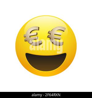 Euro smiley emoticon. Yellow 3d emoji with black and white euro symbols ...