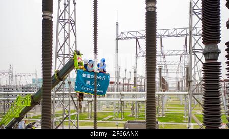 SUZHOU, CHINA - MARCH 4, 2021 - A construction worker checks sulfur ...