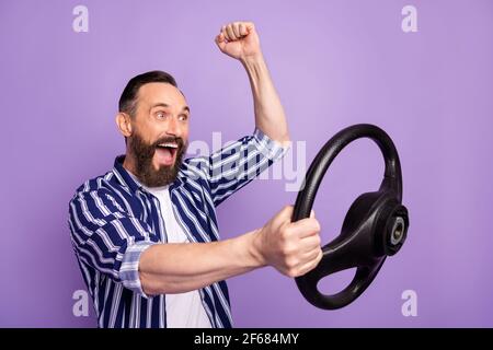 Photo of crazy guy hold steering wheel accident concept wear white t ...