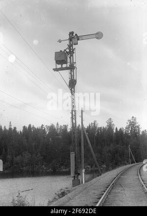 Semaphore or signal for oncoming train with barriers in night time ...