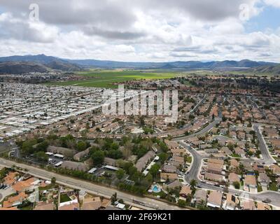 Aerial view of Hemet city during clouded day in the San Jacinto Valley ...