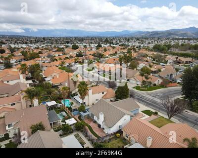 Aerial view of Hemet city during clouded day in the San Jacinto Valley ...