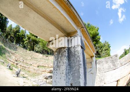 The theatre of the Amphiareion oropos Greece,Close up column marble of ...
