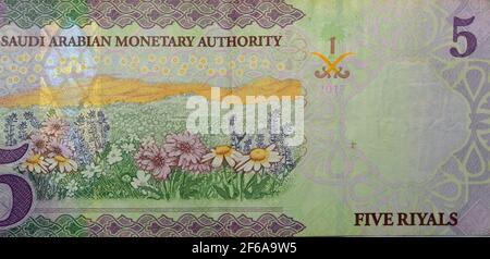 Saudi five riyals banknote, Saudi Arabian 5 riyals money background ...