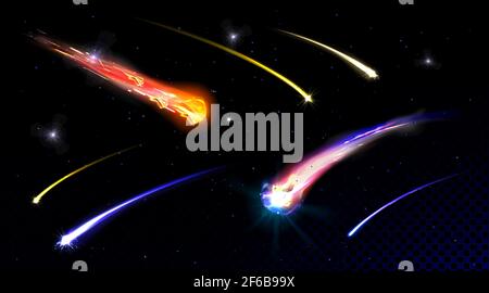 Realistic shooting star. 3D falling meteor trails. Comets flares. Fireball light effect ...