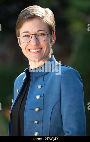 Deputy of the group Agir Ensemble, Lise Magnier poses in the garden of ...