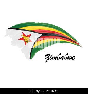Watercolor painting flag of Zimbabwe. Hand drawing brush stroke Stock ...
