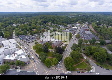Aerial view of Wellesley Congregational Church and town center ...