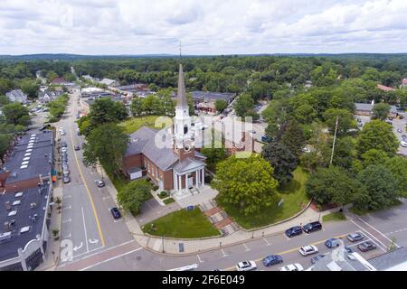 Aerial view of Wellesley Congregational Church and town center ...