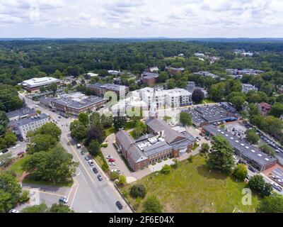 Aerial view of Wellesley Congregational Church and town center ...