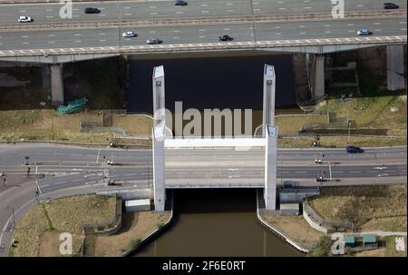 aerial view of the A57 Salford Western Gateway road lifting bridge at ...