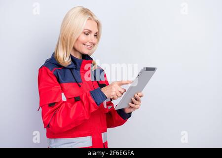 Profile side photo of happy nice young woman hold flowers go empty ...