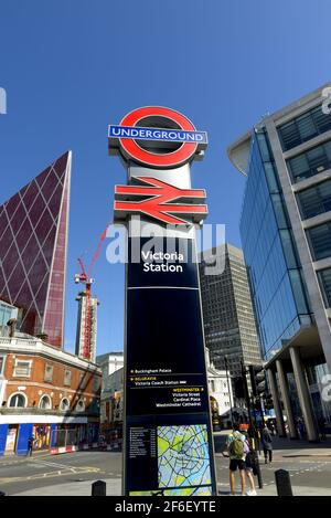 Victoria Tube Station. A sign for the London Underground station on a ...