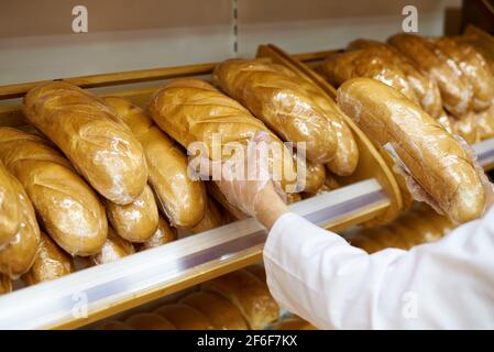 Quality control of bread products by an inspector in a supermarket ...
