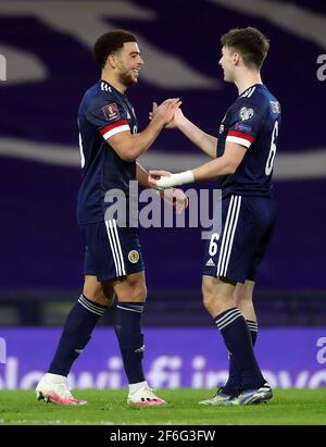 Scotland's Kieran Tierney celebrates scoring their side's third goal of ...