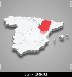 3d isometric Map of Aragon is a region of Spain with national flag ...
