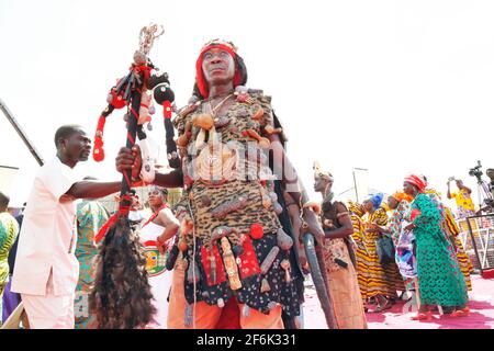 Yoruba warrior displays his magical power during the Olojo festival ...