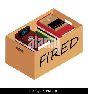 Getting fired. Carton box with personal items, stuff. Last day of work ...