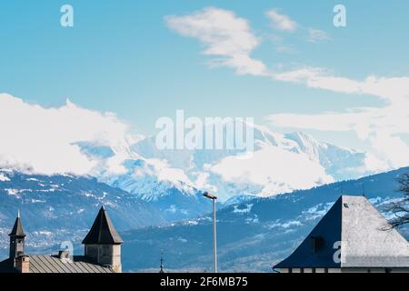 mountain catholic temple amid snow-capped peaks Stock Photo - Alamy