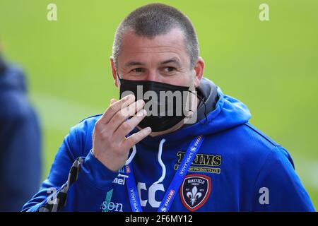 St Helens, UK. 01st Apr, 2021. Reece Lyne (4) of Wakefield Trinity ...
