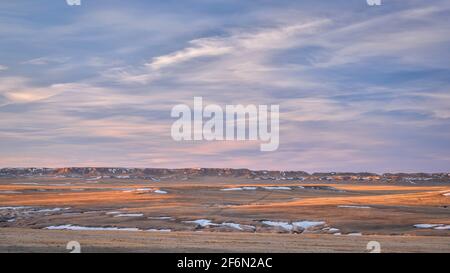 Early spring dusk over badlands in Pawnee National Grassland in ...