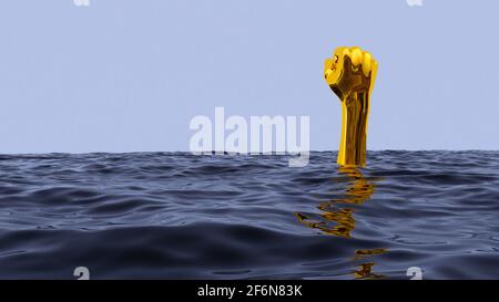 Surreal vaporwave concept with golden hand gesturing from underwater ...