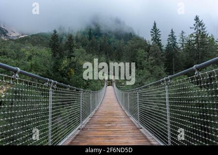 The Hangebrucke, hanging wooden bridge in the forest of Berchtesgaden ...