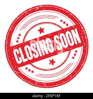 CLOSING SOON text on red grungy rectangle vintage stamp Stock Photo - Alamy