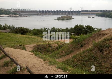 Downstream view of Dnipro Hydroelectric Station and dam, from Khortitsa ...