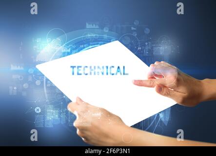 Hand holdig futuristic tablet , technology concept Stock Photo - Alamy
