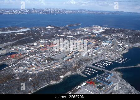 Aerial view of Nuuk, or Godthåb, the Capital and the largest city in ...