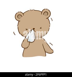 The bear chills and has a cold. He holds a handkerchief, wipes his ...