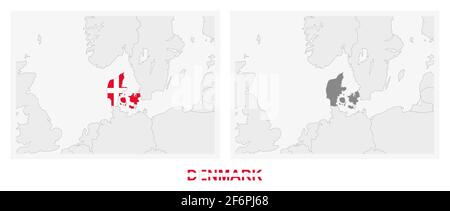 Map of Europe with highlighted Denmark map, gray map of Denmark with ...