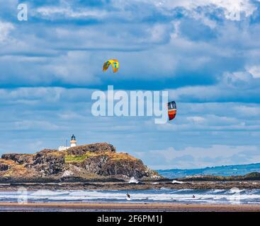 View of lighthouse on Fidra Island in Firth of Forth, off East Lothian ...