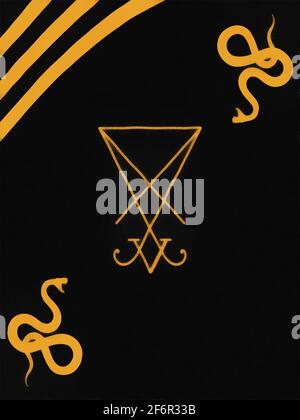 Sigil of Lucifer and silhouettes of serpents. Black lines. Red ...