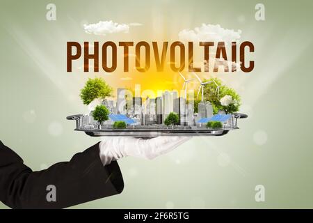 Waiter serving eco cityscape concept Stock Photo - Alamy
