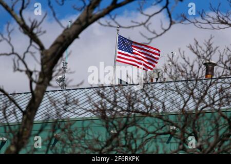 USA flag is seen infront of Fenway Stadium prior MLB opening day at ...
